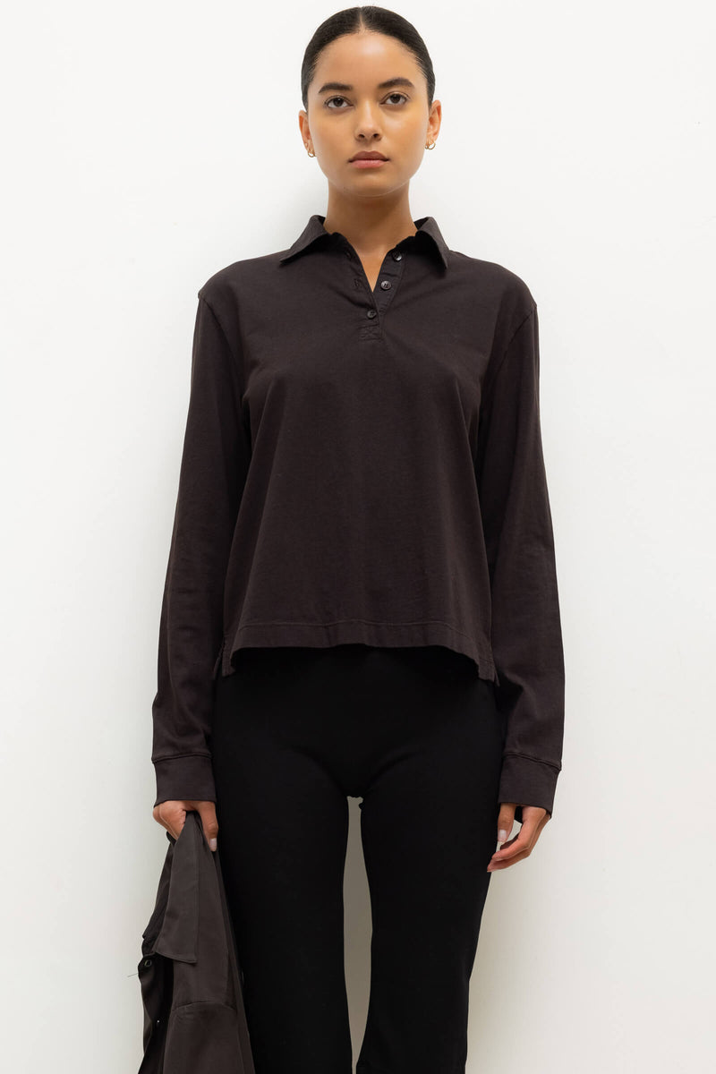 LESET Margo Long Sleeve Polo in Chocolate in Cotton
