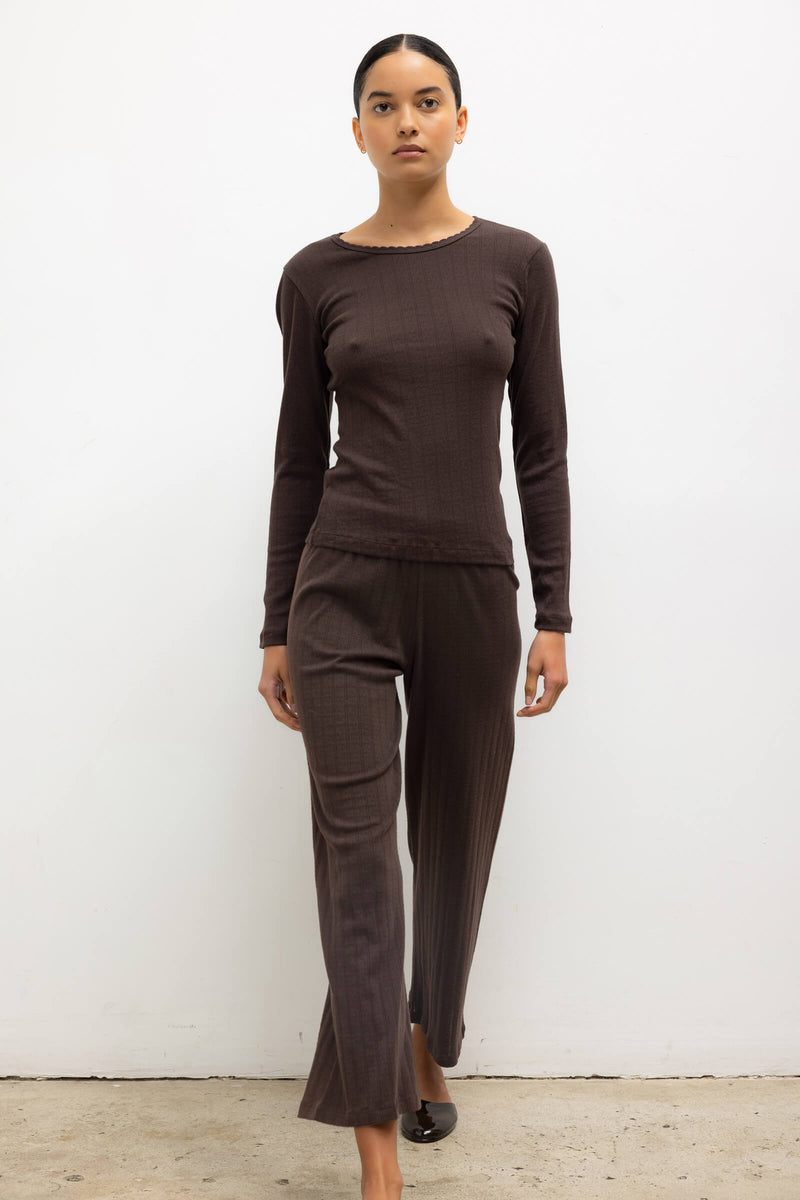 LESET Pointelle Crop Wide Leg Pant in Choco in Cotton