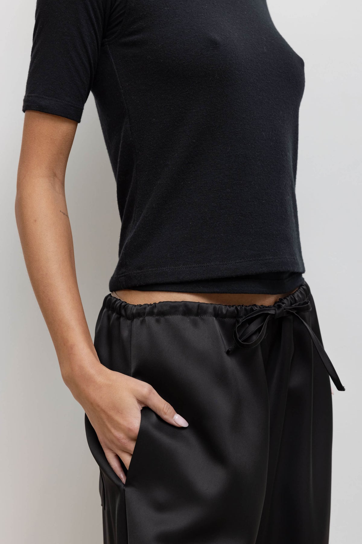 LESET Barb Crop Drawstring Pant in Black in Satin