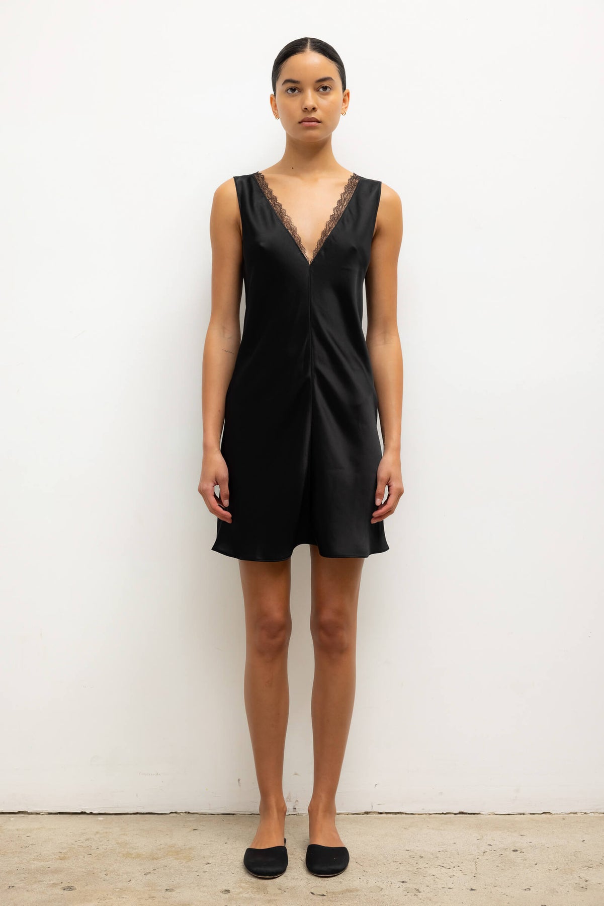 LESET Barb Lace V Neck Mini Dress in Black in Satin