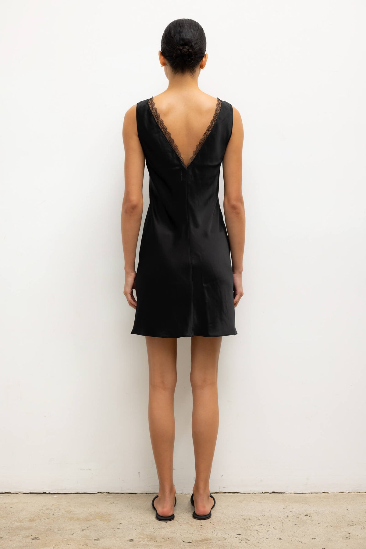 LESET Barb Lace V Neck Mini Dress in Black in Satin