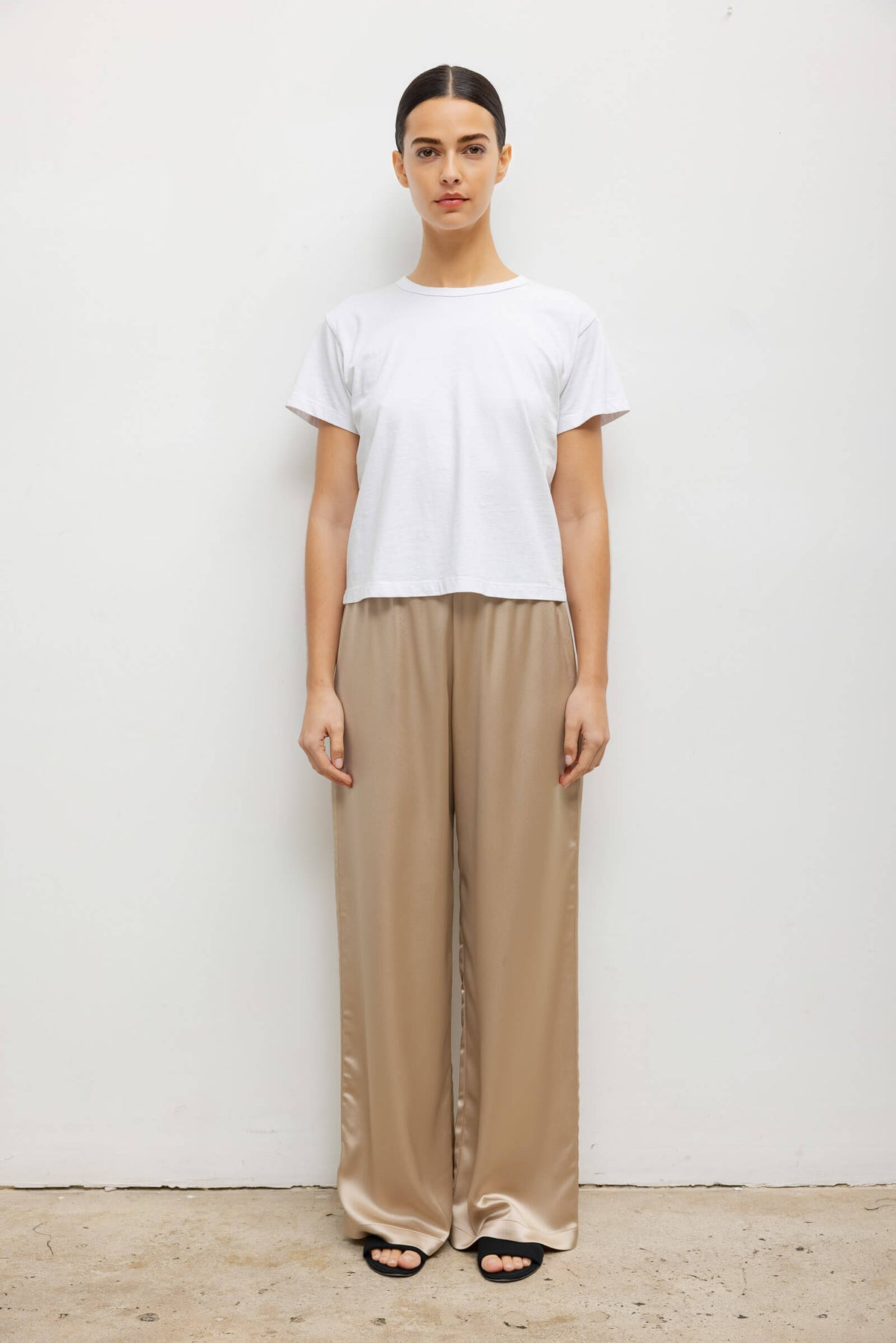 LESET Barb Wide Leg Pant in Sand in Satin