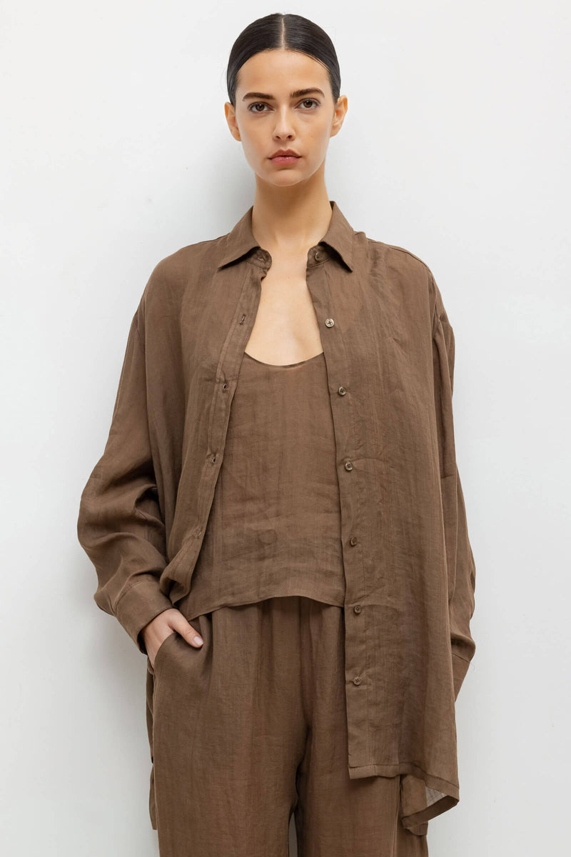 LESET Niko Oversized Button Down in Choco in Linen