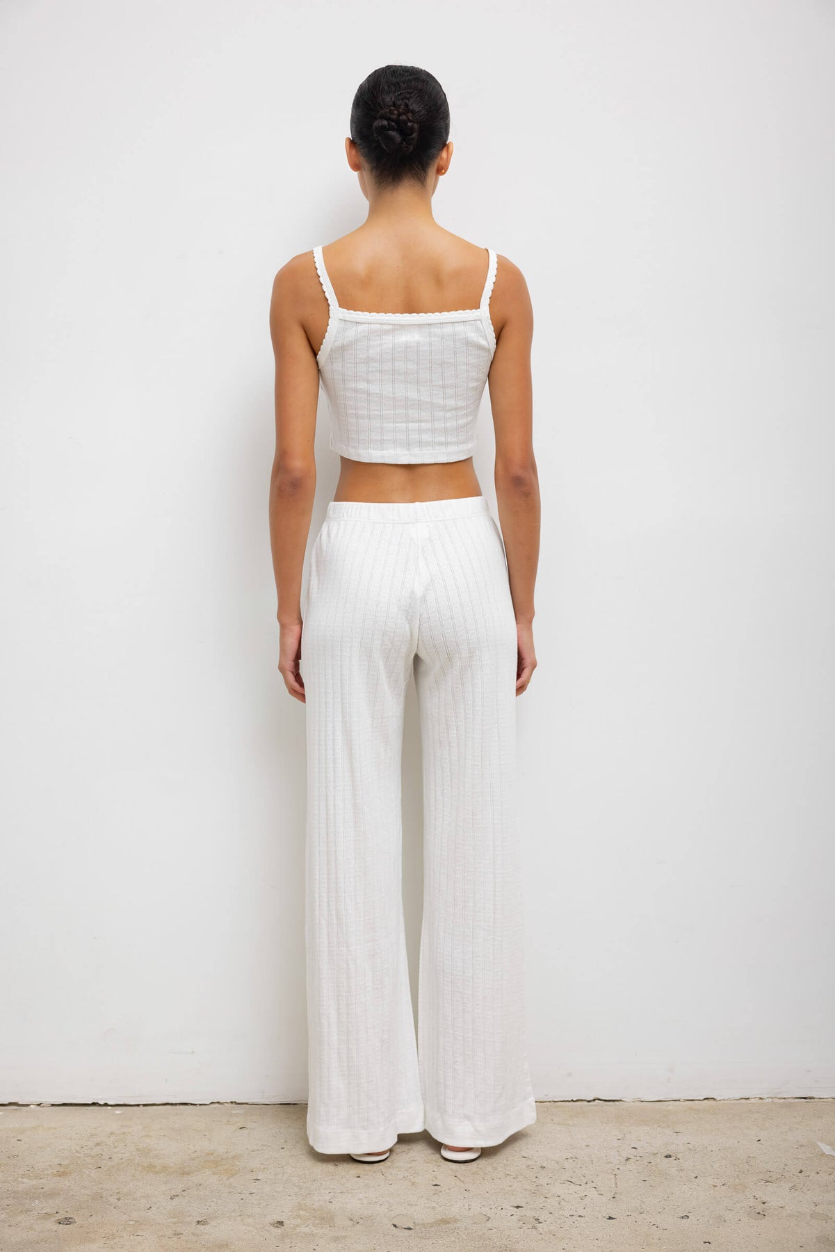 LESET Pointelle Crop Button Scoop Neck Tank in White in Cotton