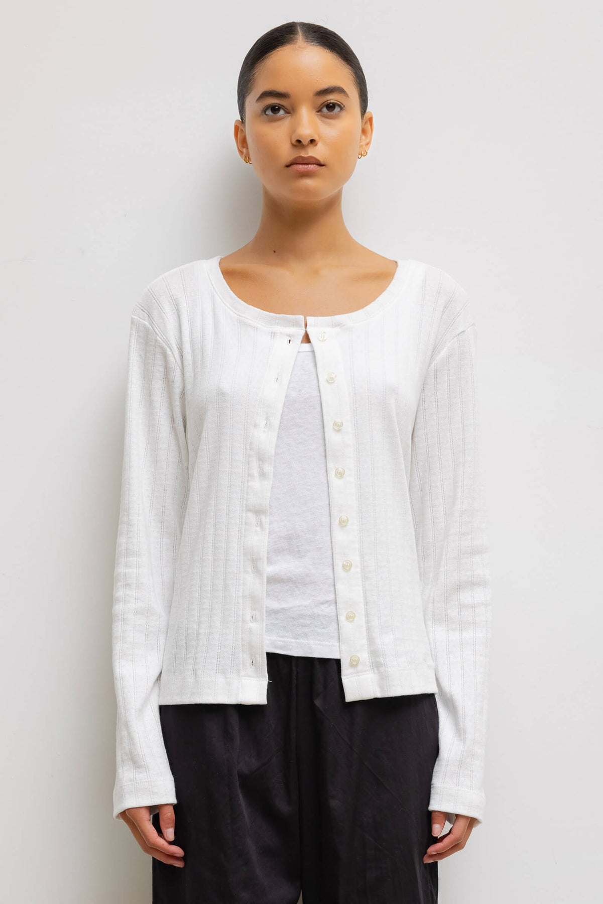 LESET Pointelle Classic Crew Cardigan in White in Cotton