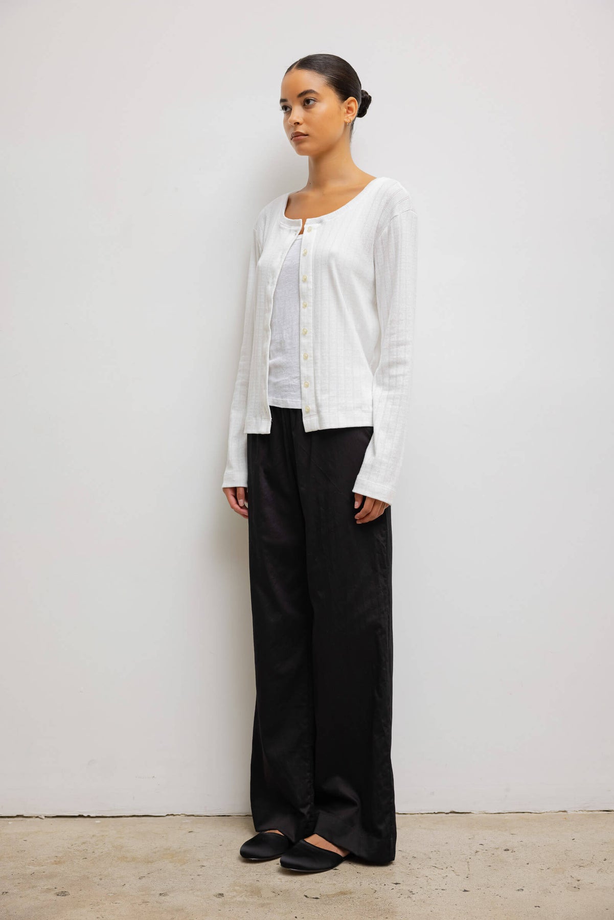 LESET Pointelle Classic Crew Cardigan in White in Cotton