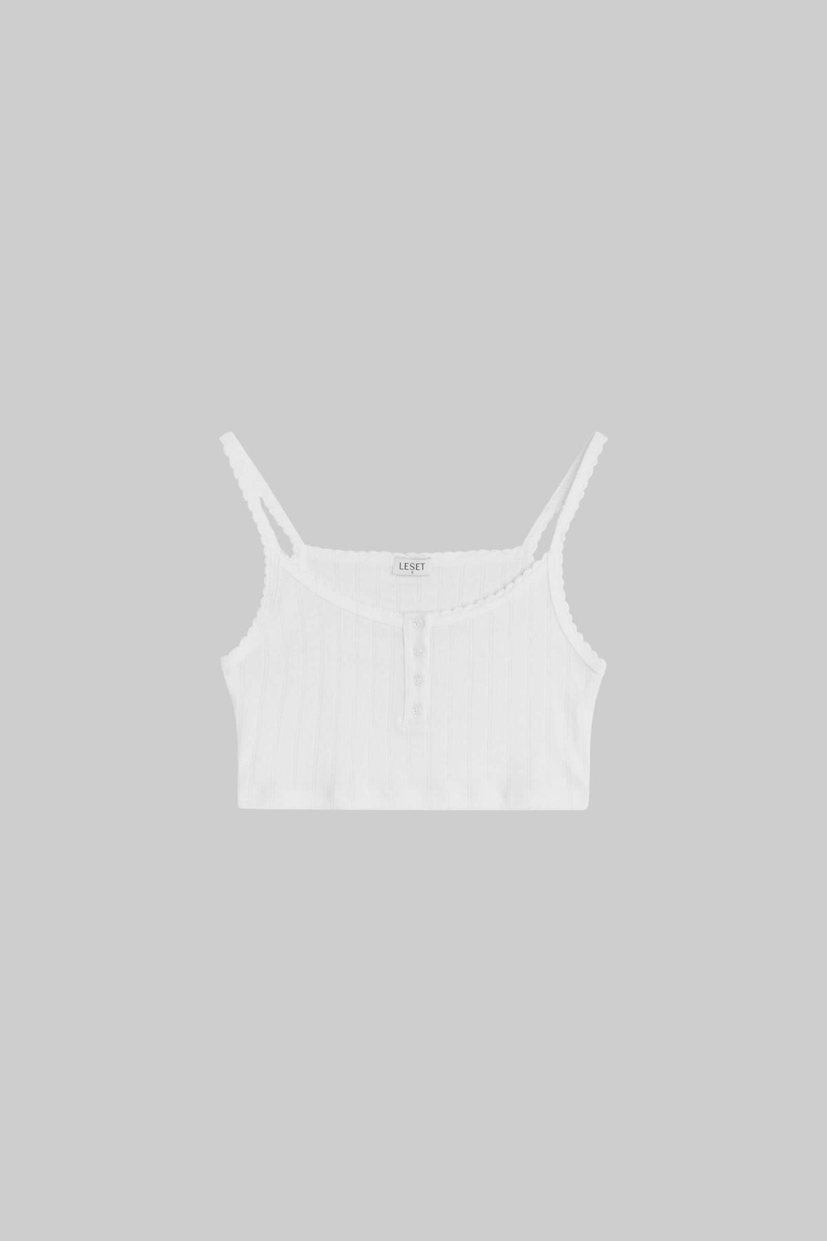 LESET Pointelle Crop Button Scoop Neck Tank in White in Cotton