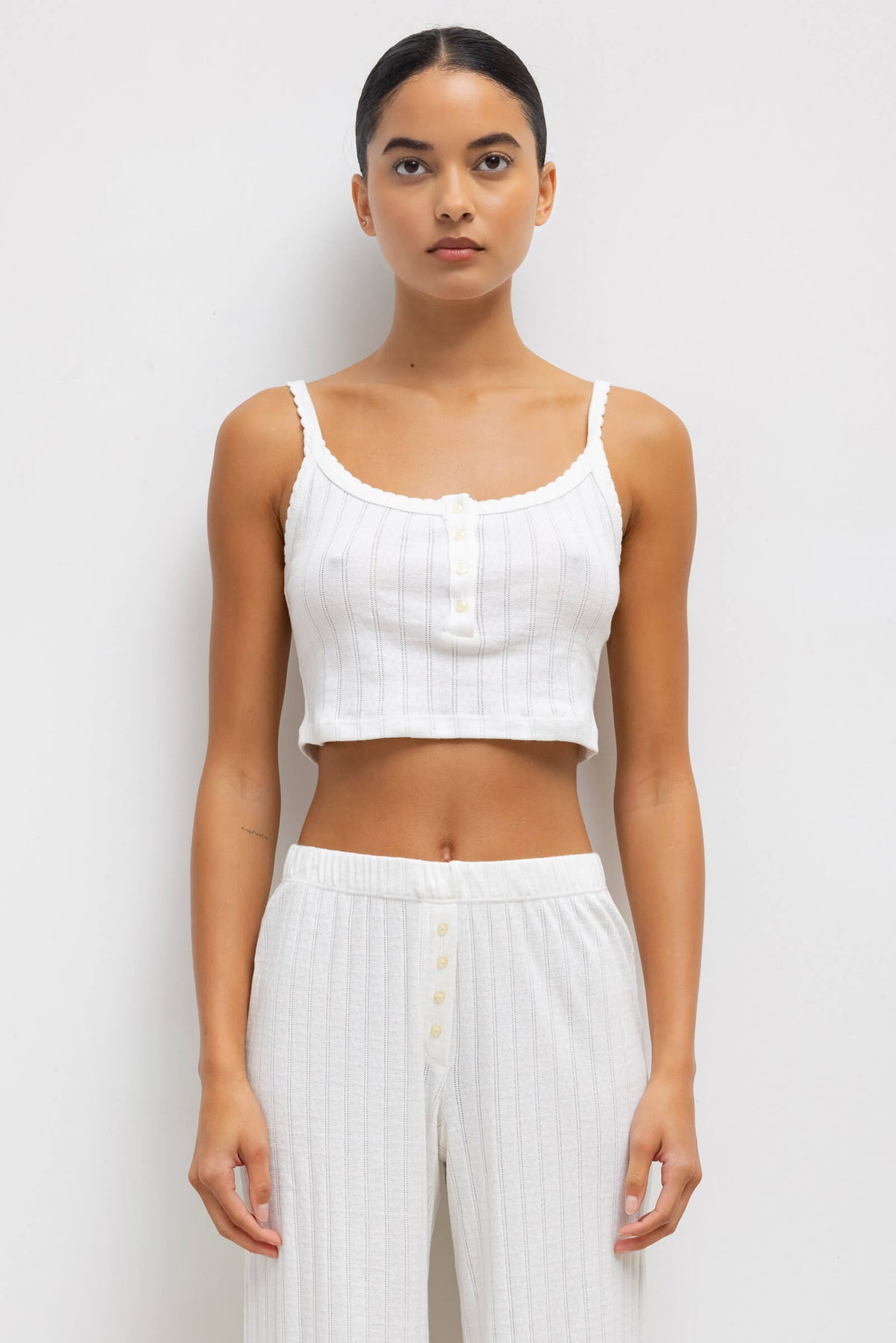 LESET Pointelle Crop Button Scoop Neck Tank in White in Cotton