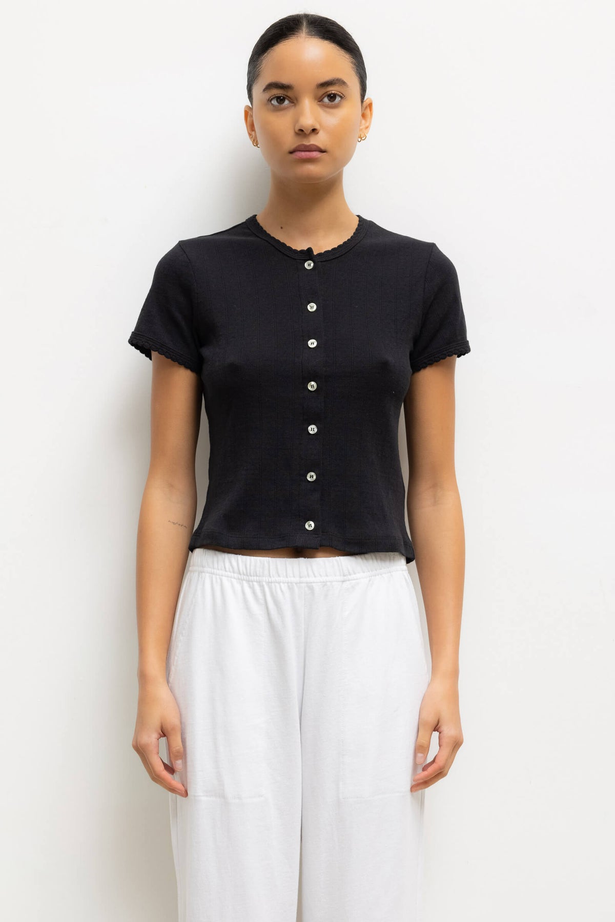 LESET Pointelle Short Sleeve Cardigan in Black in Cotton