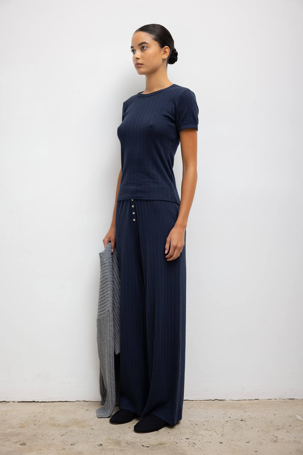 LESET Pointelle Slim Fit Tee in Midnight in Cotton